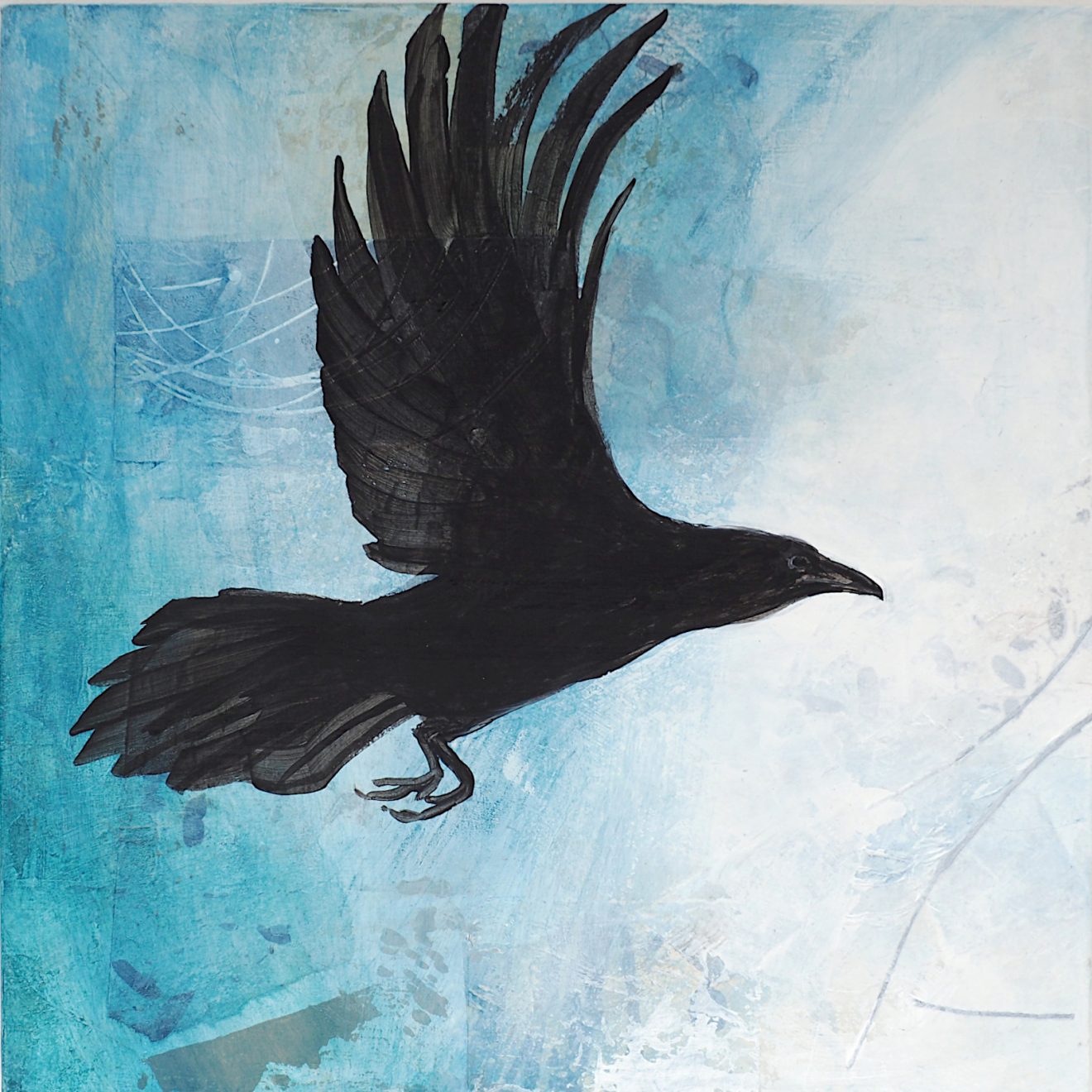Raven in flight, mixed media on panel - Clare Rosen Studio